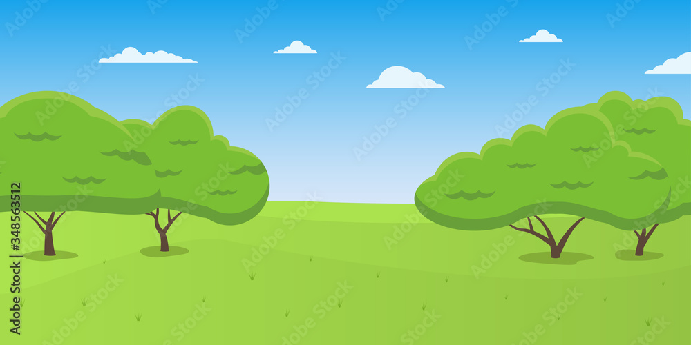 Nature landscape. Cartoon park background with green grass, trees and ...