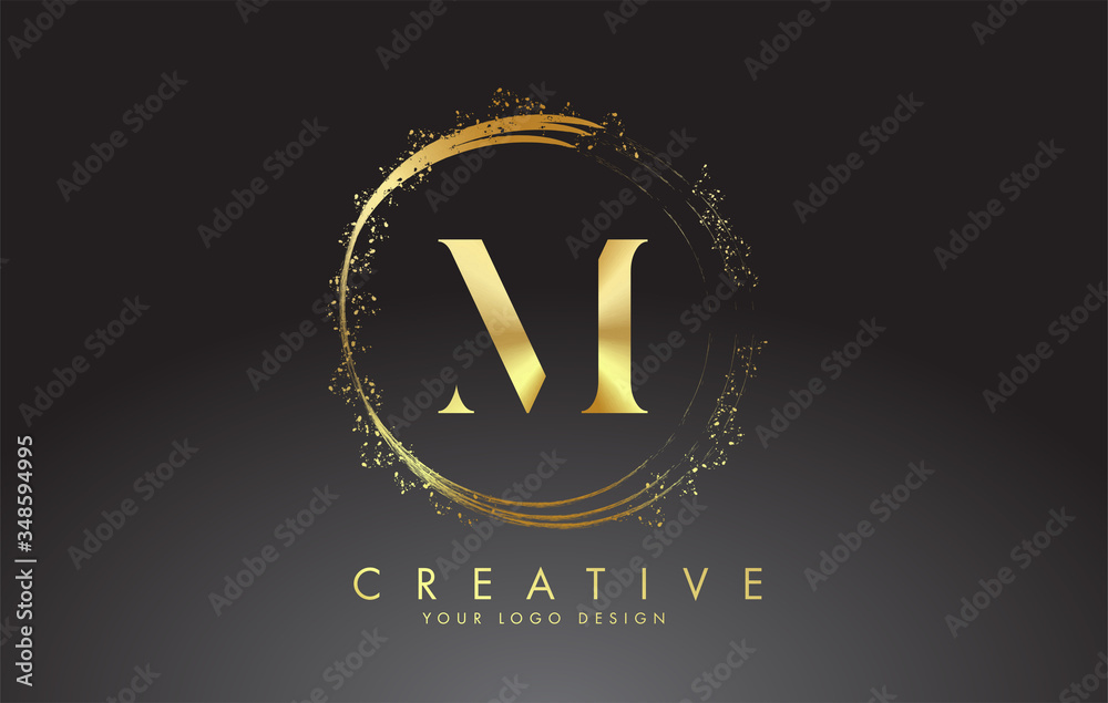 M golden letter logo with golden sparkling rings and dust glitter on a ...