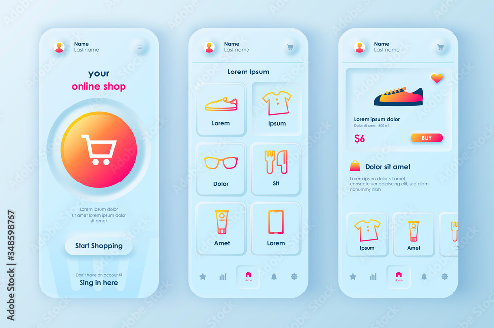 Online shopping unique neomorphic design kit for mobile app neomorphism ...