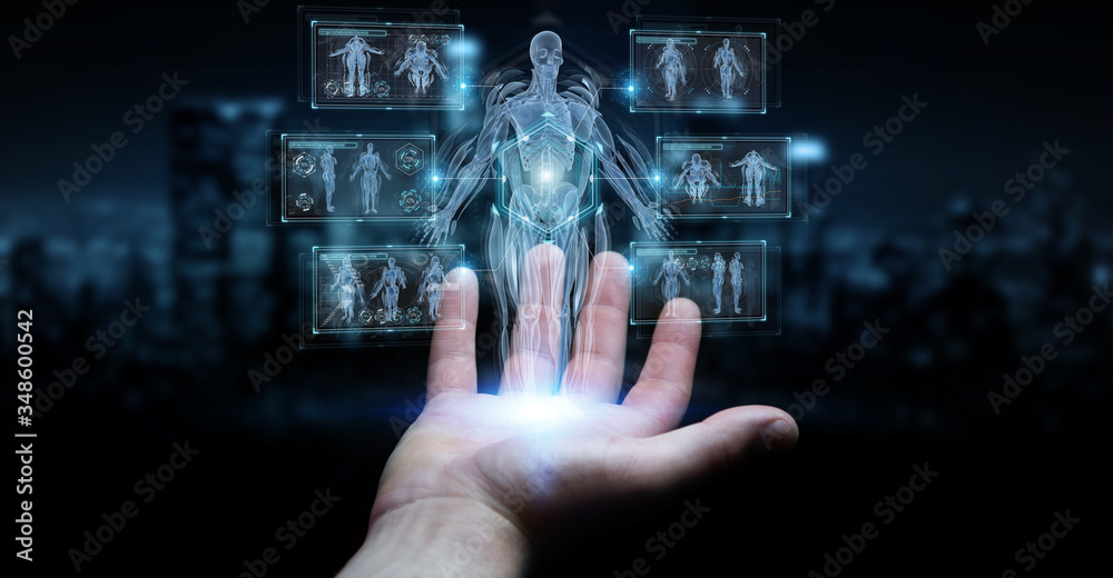 Foto de Stock Man hand using digital x-ray human body holographic scan projection 3D rendering ...