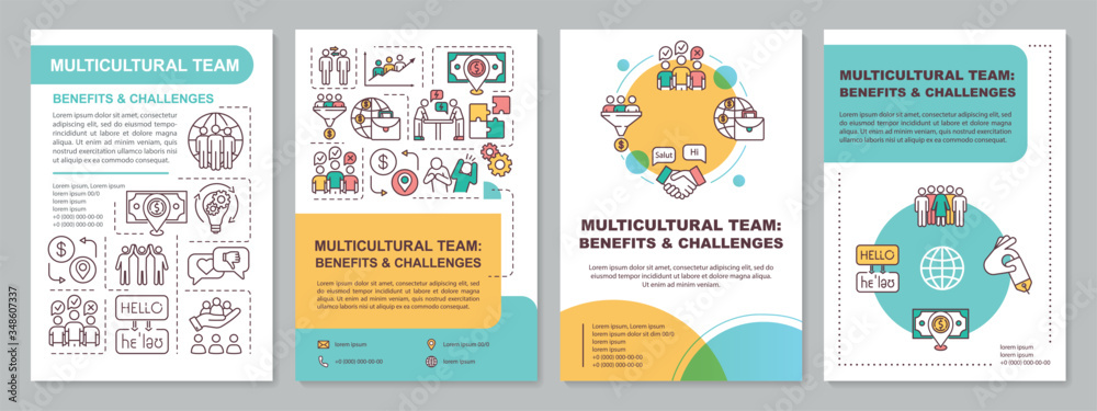 Multicultural team brochure template. Benefit and challenge. Flyer ...
