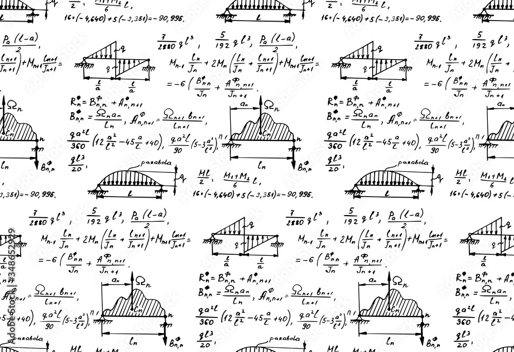 Physics seamless pattern with the equations, figures, schemes, formulas ...