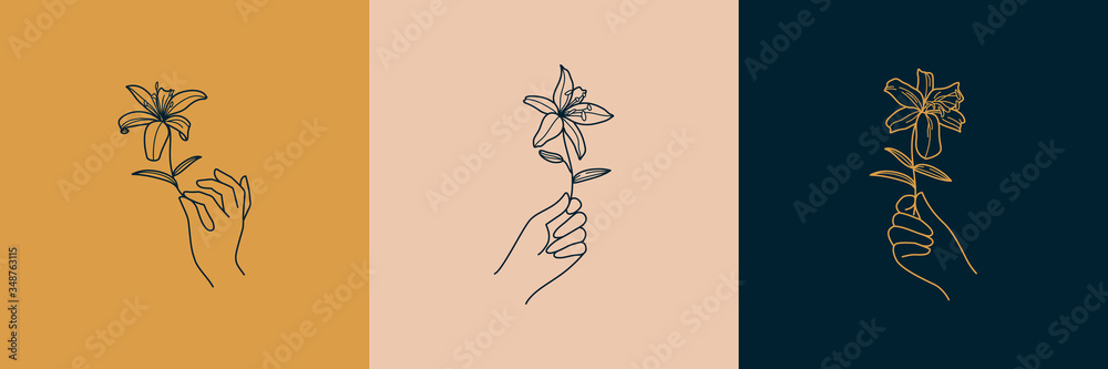 A set of Female Hand logos in a minimalist linear style. Vector emblems ...