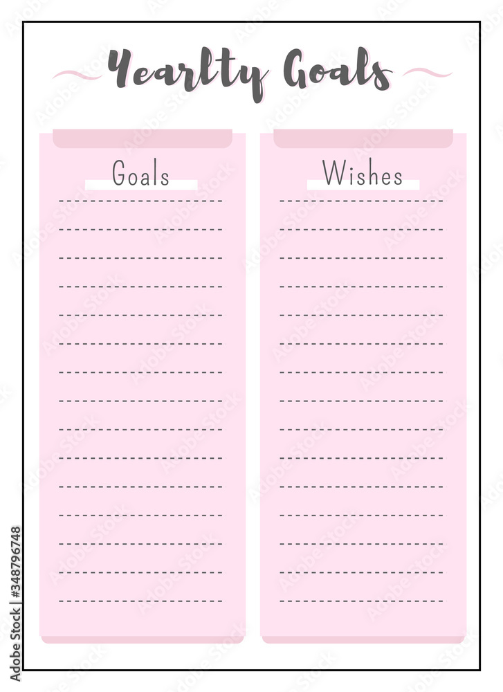 Yearly goals and wishes pink creative planner page design. Timetable to ...