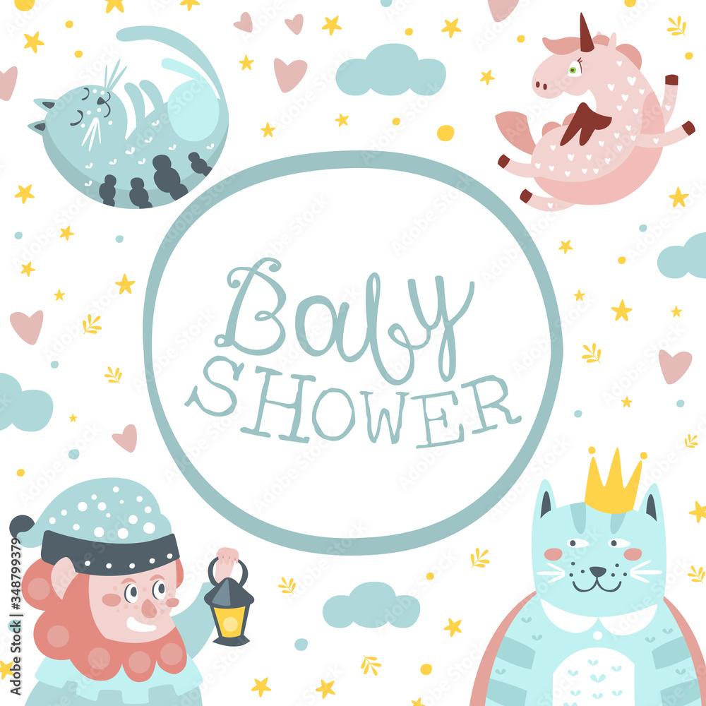 Baby Shower Banner Template with Cute Fairy Tale Characters Vector ...
