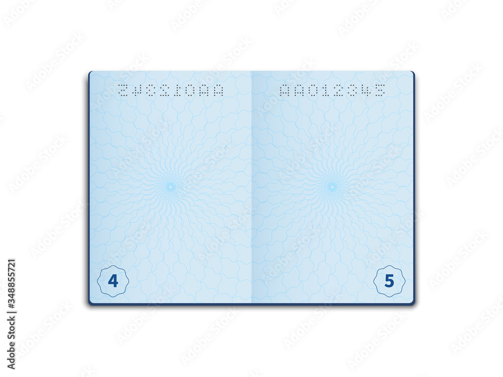 Blank passport. Opened document layout, page sheet with watermark ...