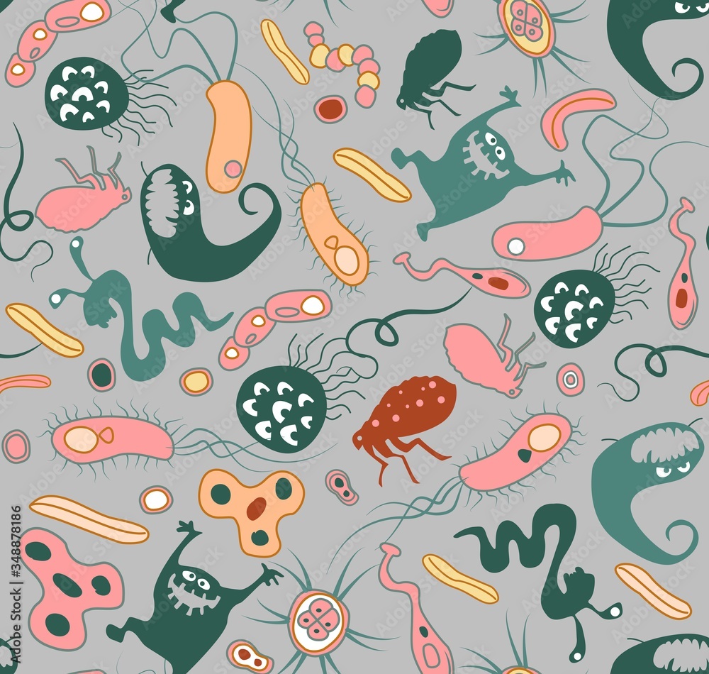 Seamless print bacteria under the microscope. Different bacilli ...