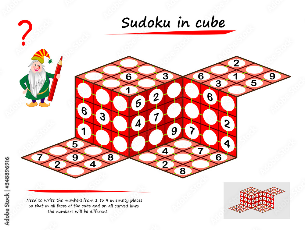 Logic puzzle Sudoku game in 3D space. Need write numbers from 1 to 9 in ...