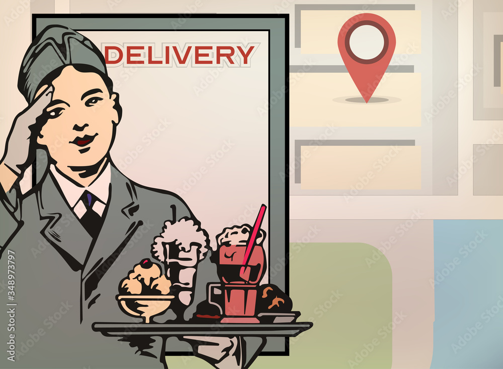 Vintage poster with delevery boy and modern map with GPS mark. Food ...