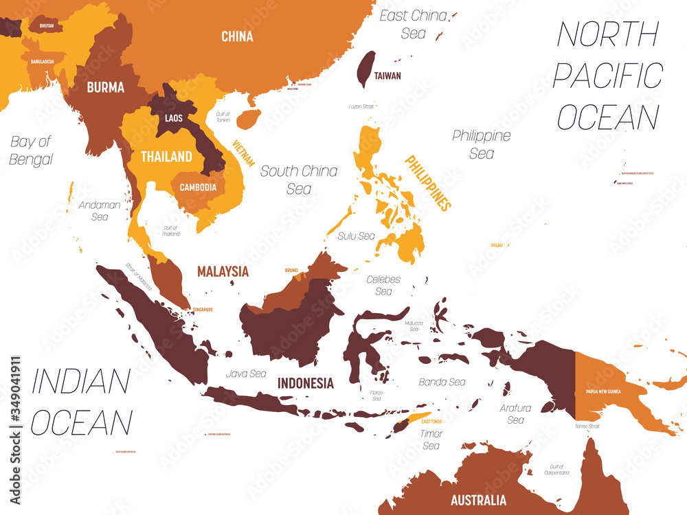 Southeast Asia map - brown orange hue colored on dark background. High ...