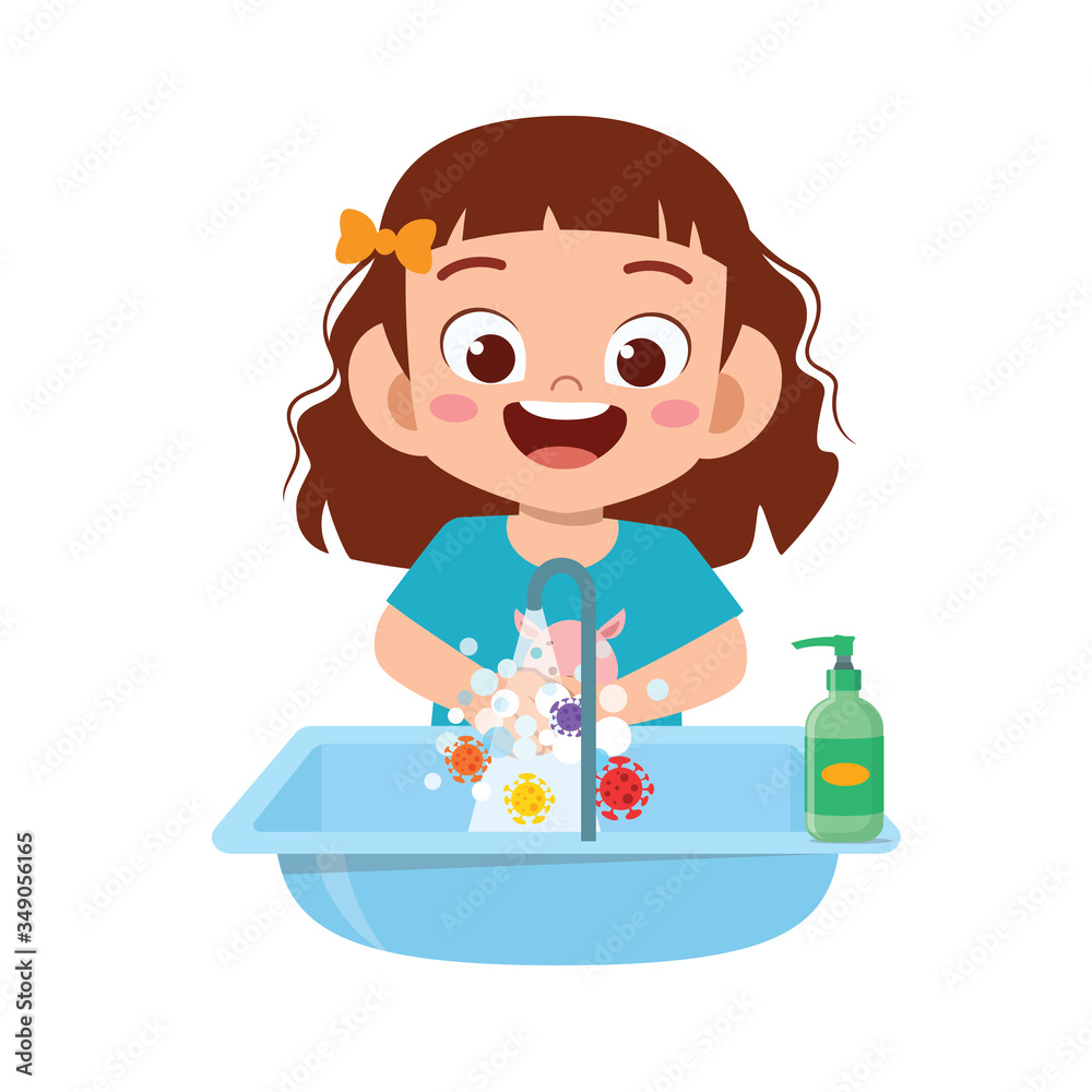 happy cute little kid girl wash hand in sink Stock Vector | Adobe Stock