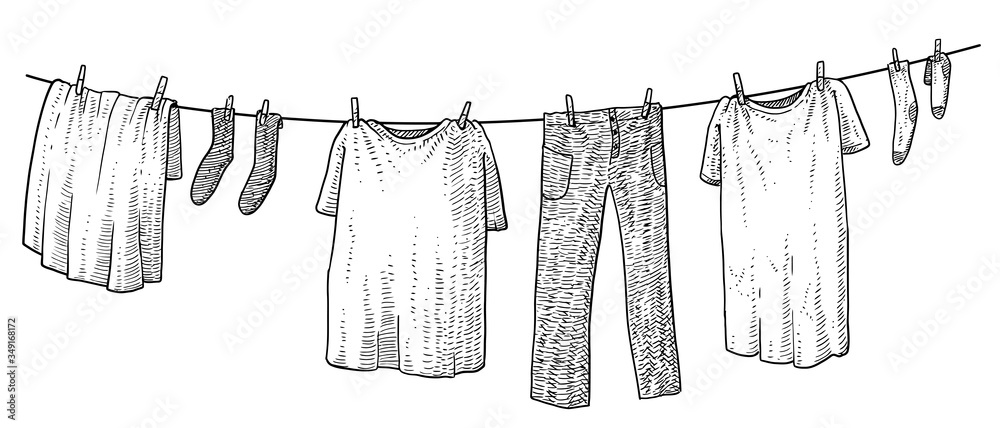 Hanging clothes illustration, drawing, engraving, ink, line art, vector ...