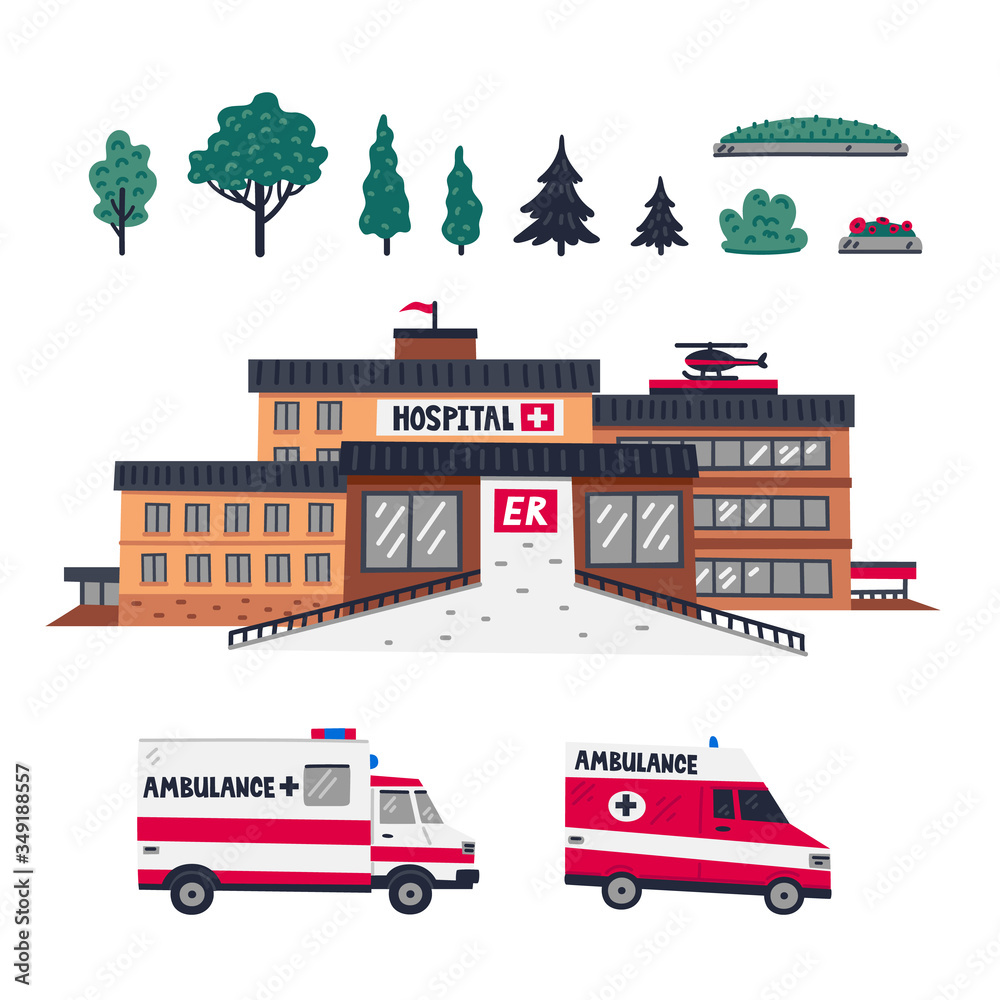 Hospital. Emergency department of hospital - main building with two ...