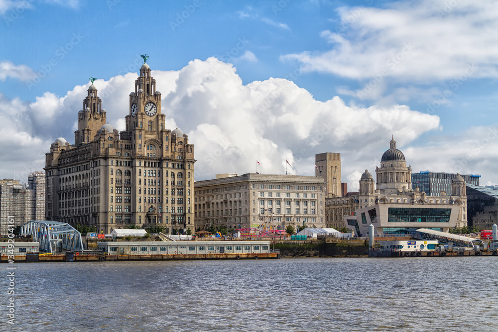 Liverpool, England. Skyline from the River Mersey at Pier Head showing ...