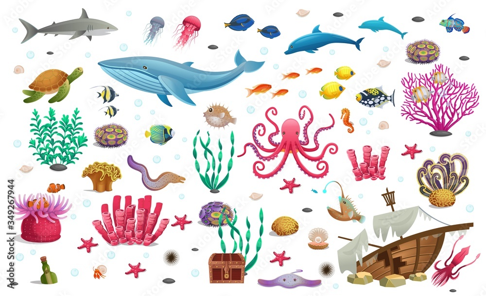 Big set of coral reef with algae tropical fish, a whale, an octopus, a ...