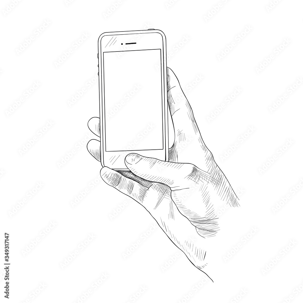 Hand holding mobile phone, sketch vector illustration Stock Vector ...