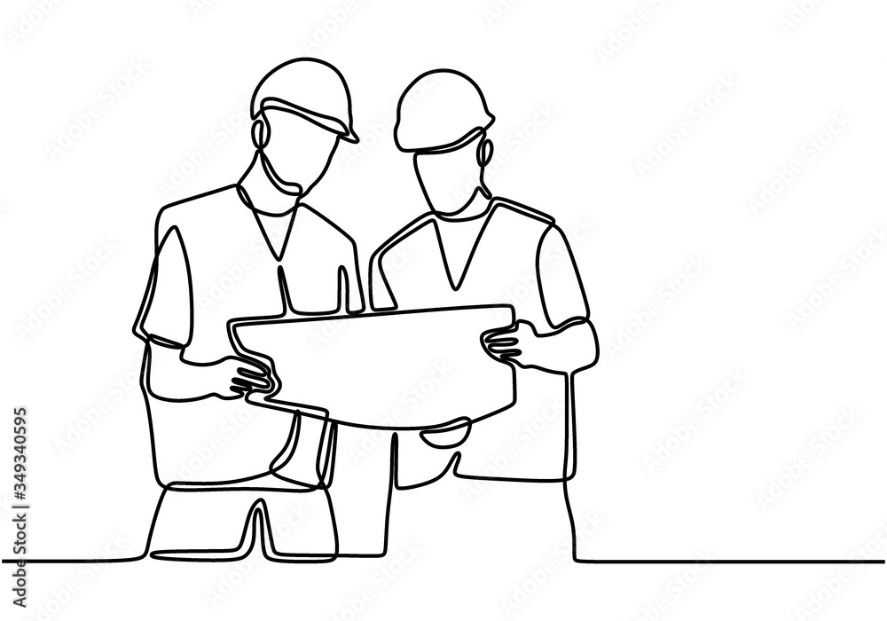 Single continuous line drawing of young architect and foreman ...