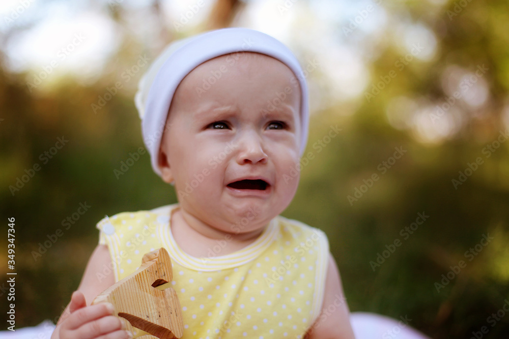 Crying 6 Month Old Baby Girl sits on a blanket in nature and cries with ...