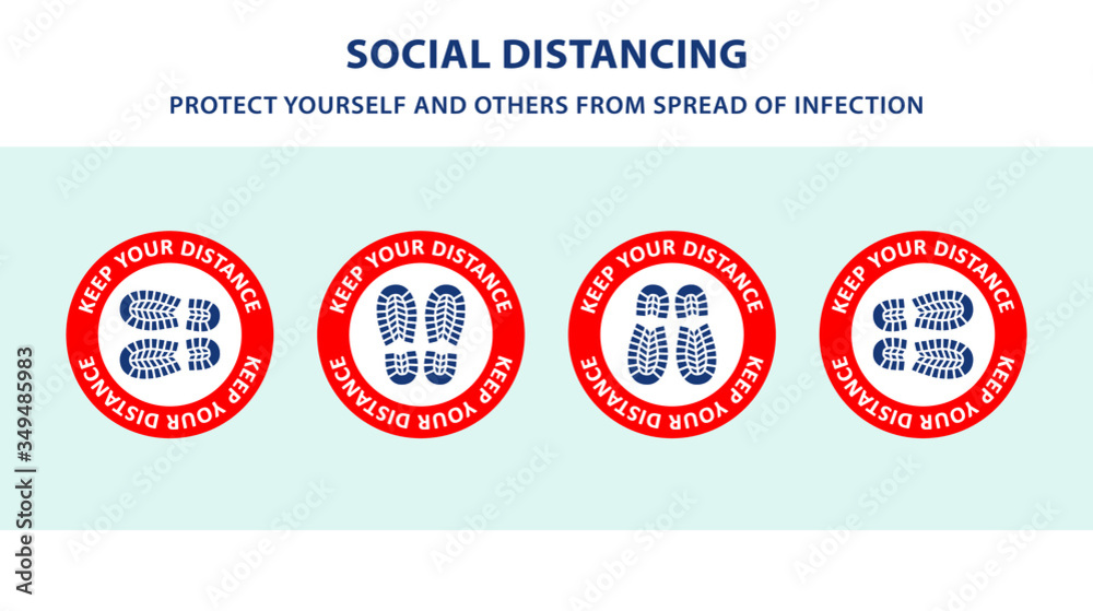 Social distancing concept. Vector of footprint sign red color with text ...