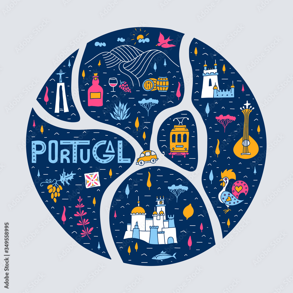 Cartoon map of Portugal. Hand-drawn country map with famous tourist ...