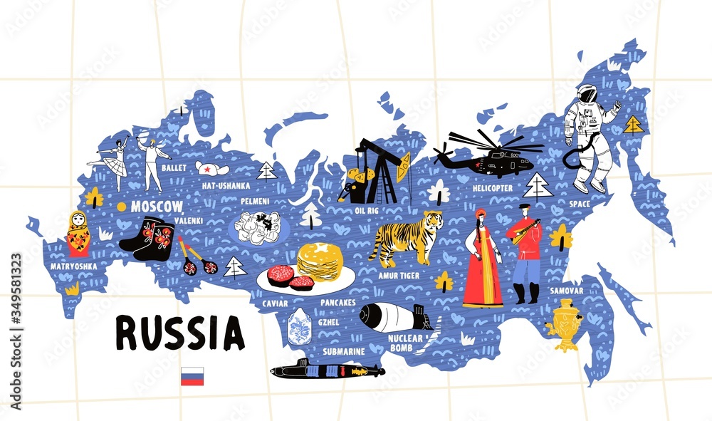 Russia map flat hand drawn vector illustration flag. Names lettering ...