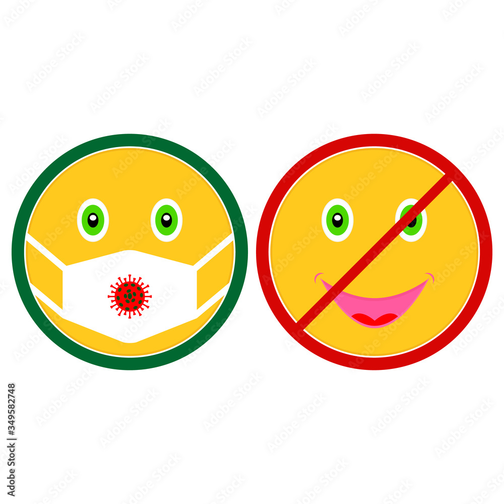 Wear a face mask. Emoticon icons. No entry without face mask. Red and ...