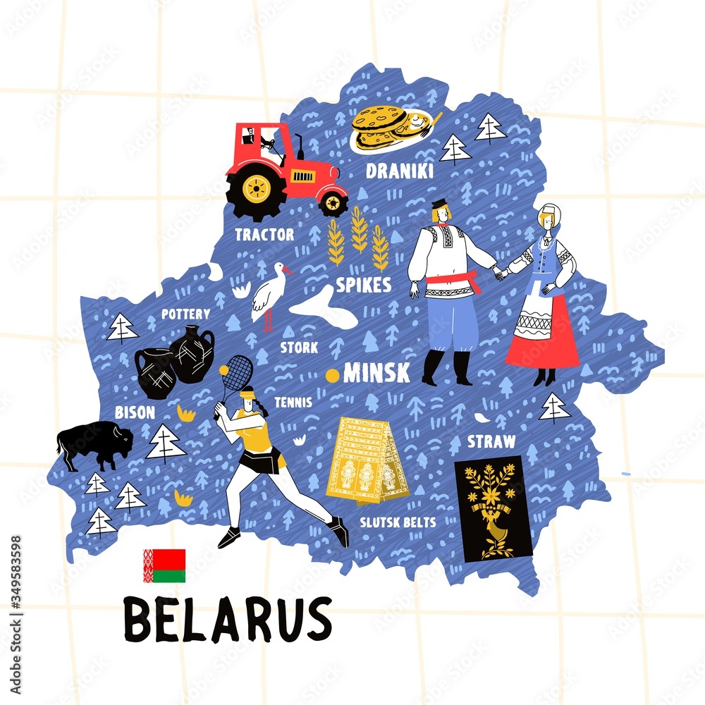 Belarus map flat hand drawn vector illustration flag. Names lettering ...
