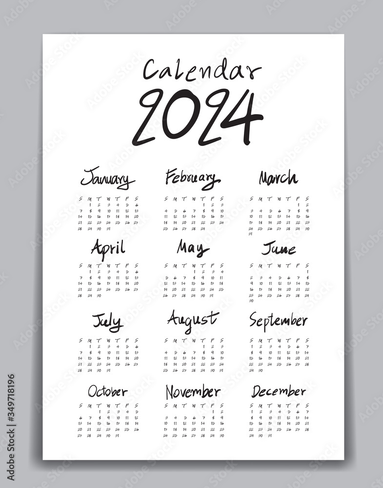 Vector de Stock Calendar 2024 template, Lettering calendar, hand drawn ...