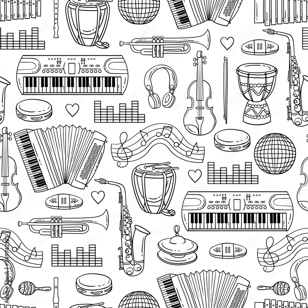 Vector seamless pattern with isolated musical instruments and sound ...