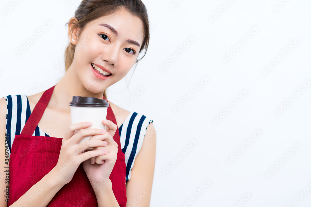 beautiful attractive asian female woman coffeeshop owner wear apron ...