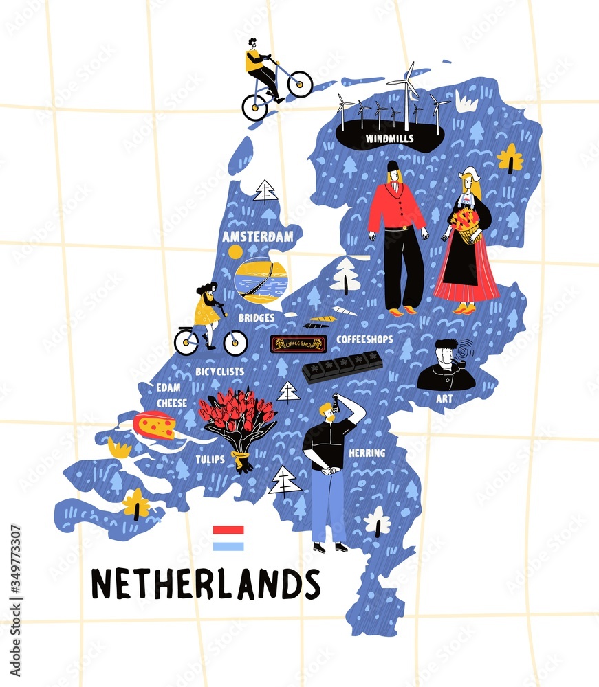 Netherlands map flat hand drawn vector illustration flag. Names ...