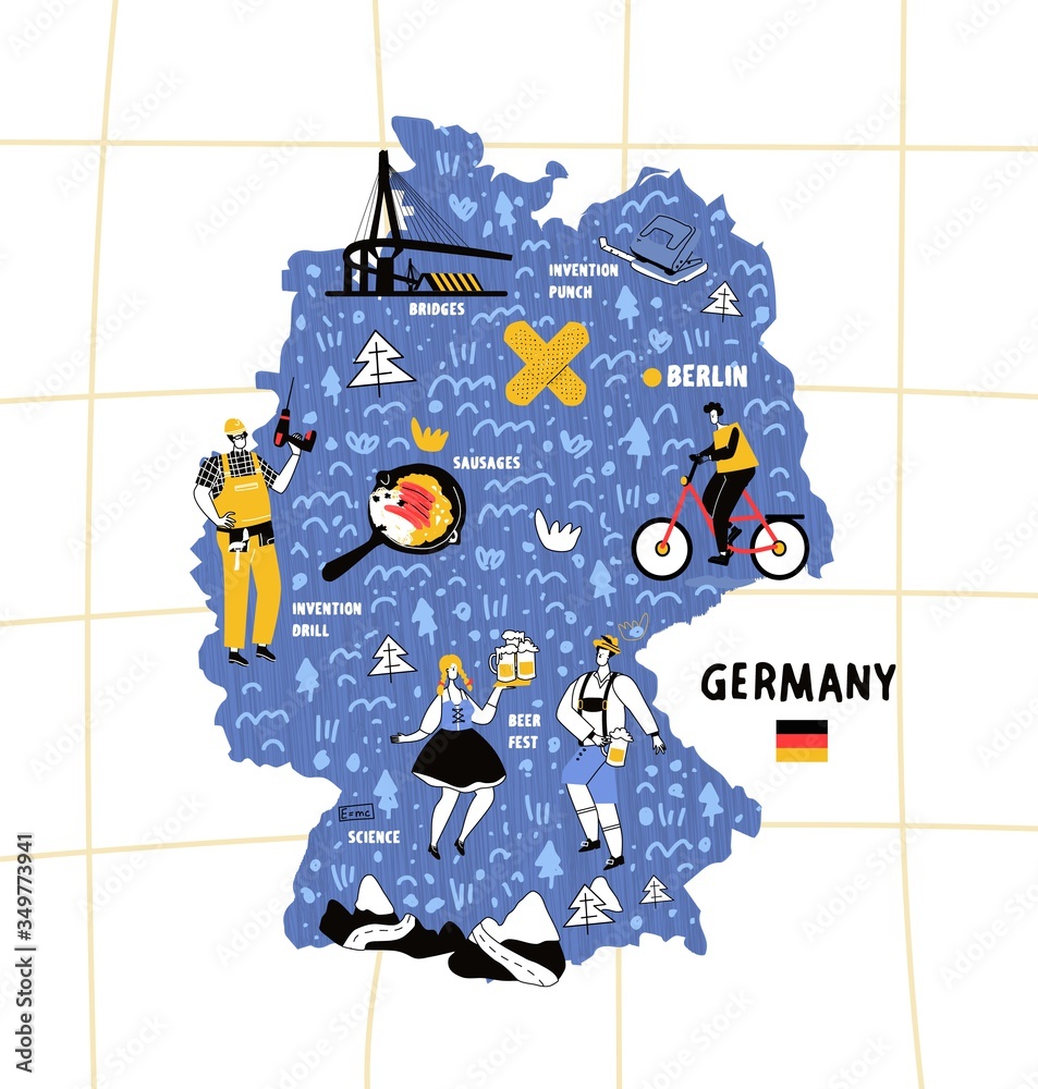 Germany map flat hand drawn vector illustration flag. Names lettering ...