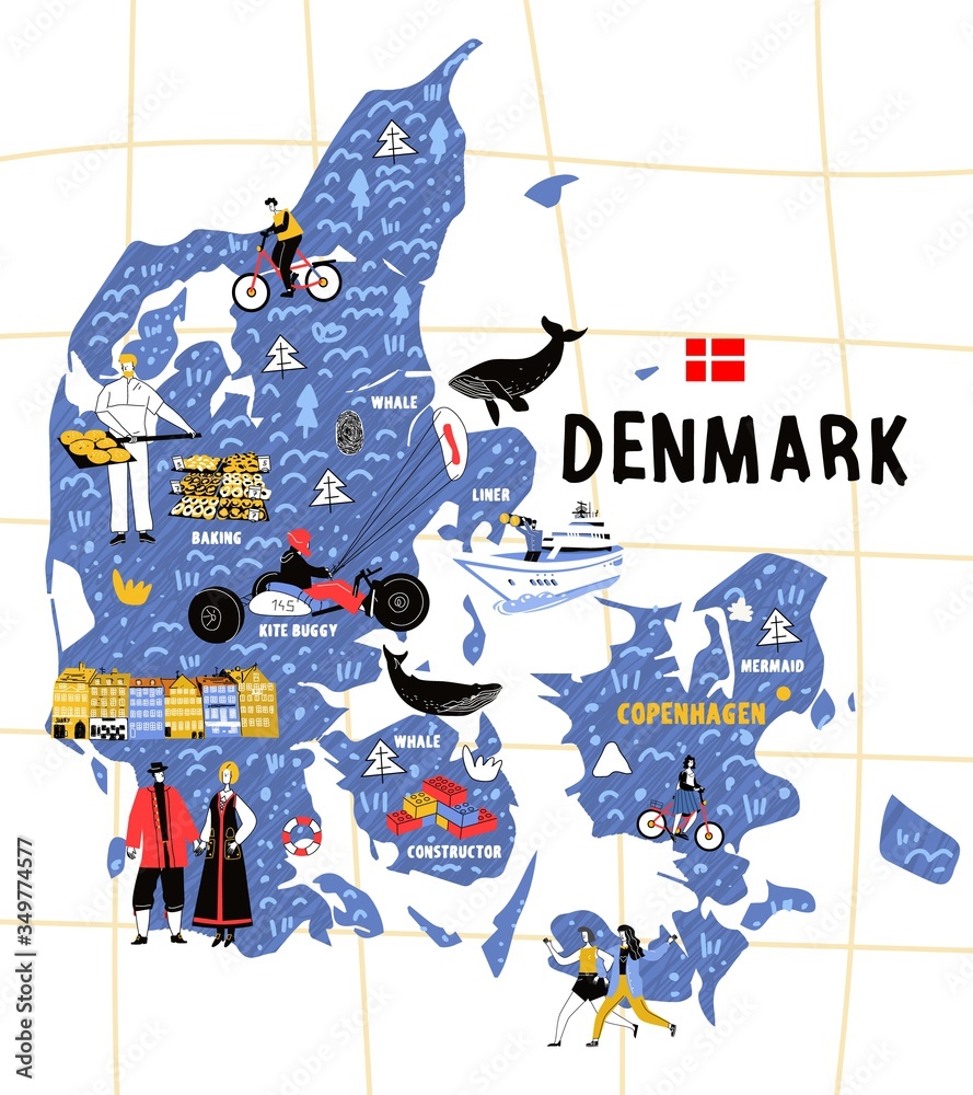 Vector de Stock Denmark map flat hand drawn vector illustration flag ...