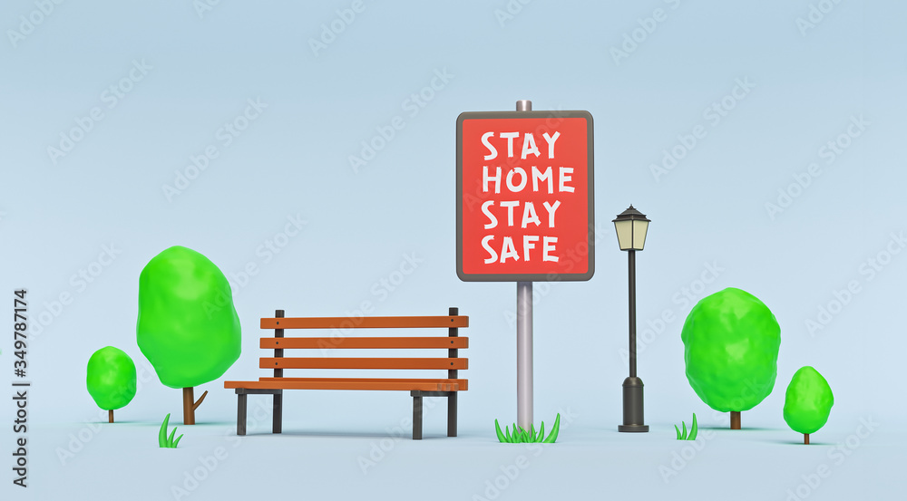 cartoon minimal style design. stay home stay safe sign on a park ...