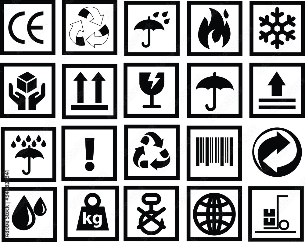Handling & packing icon set including fragile, recycle and caution signs etc. vector ...
