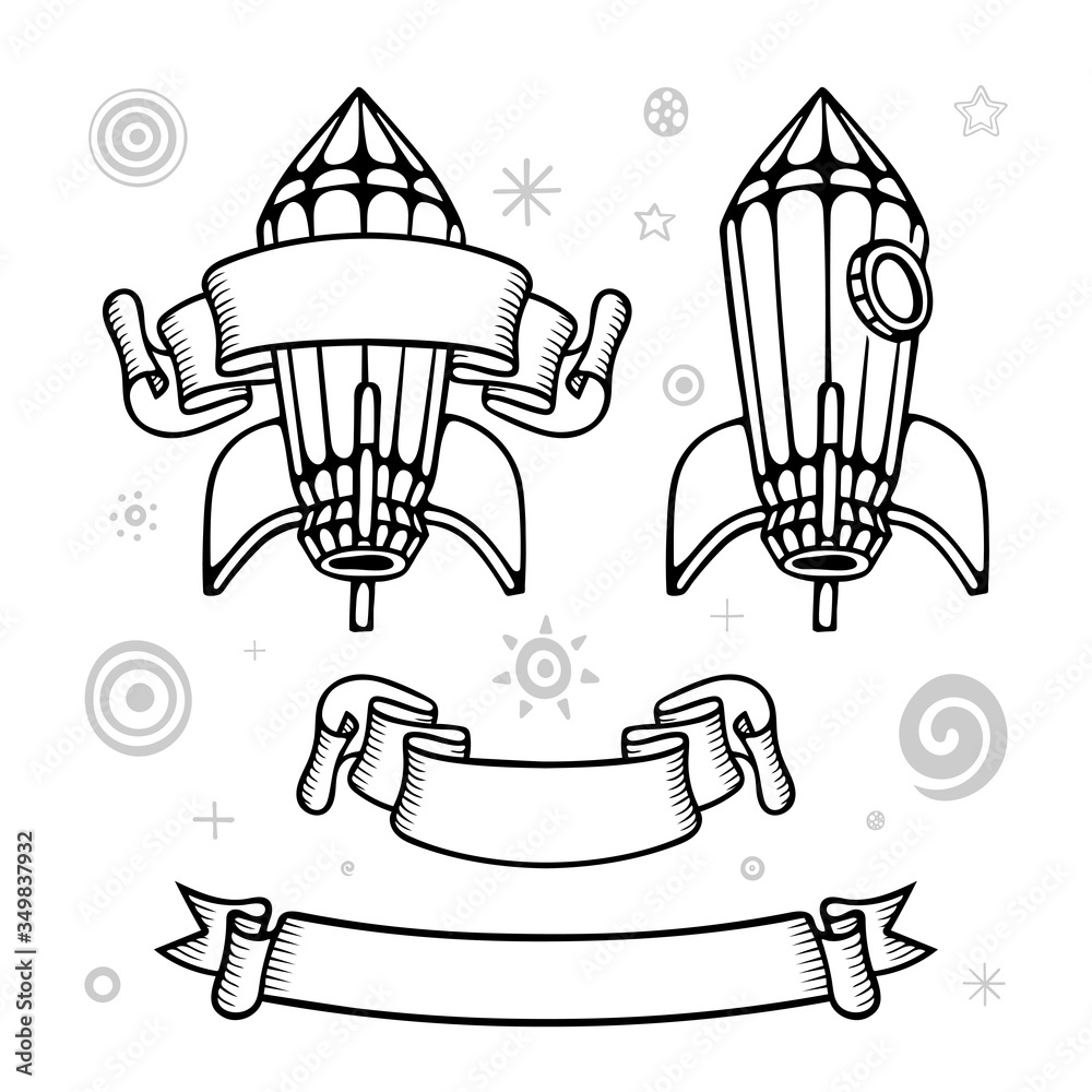 Rocket sketch drawing. Old style space ship and vintage banners hand ...