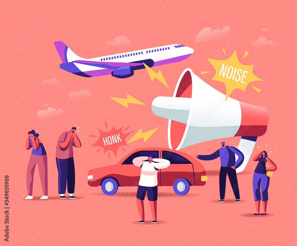 Noise Pollution Concept. Tiny Male and Female Characters Cover Ears to ...