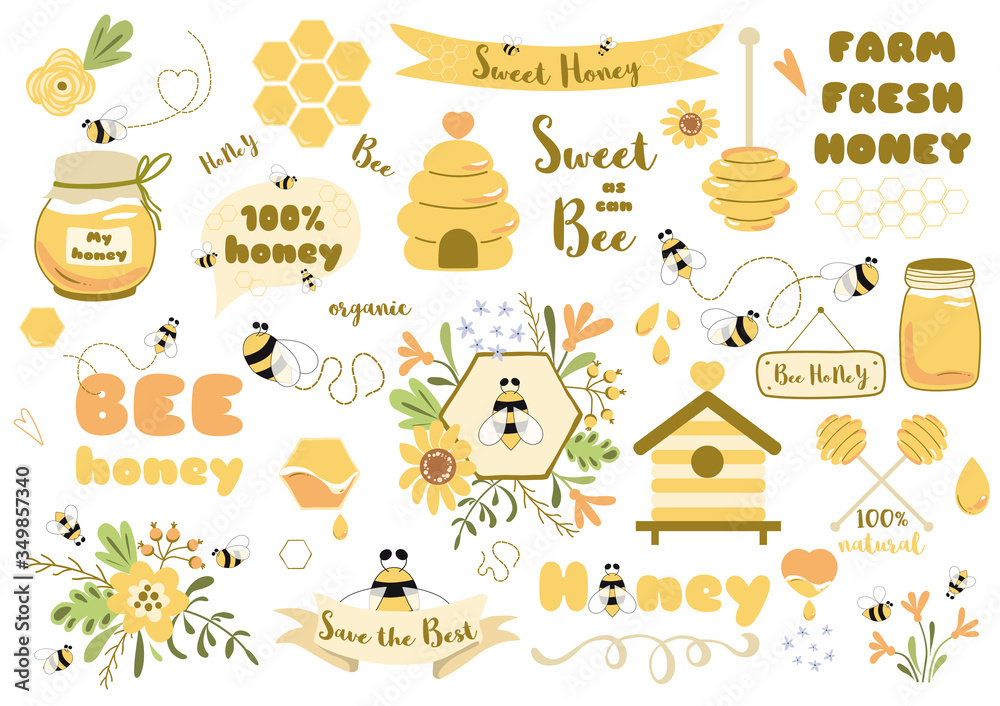 Bees set honey clipart Hand drawn bee honey elements Hive honeycomb pot ...