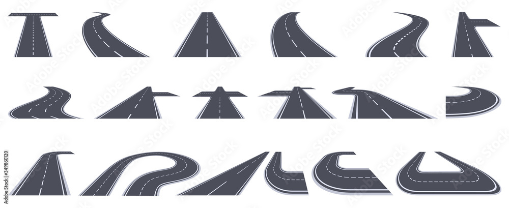 Road way. Bending asphalt highway, curved perspective roads, urban ...