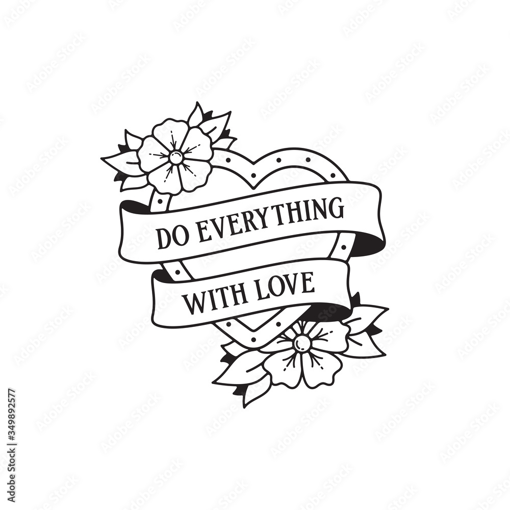 Old school tattoo emblem label with flowers and heart symbols and ...