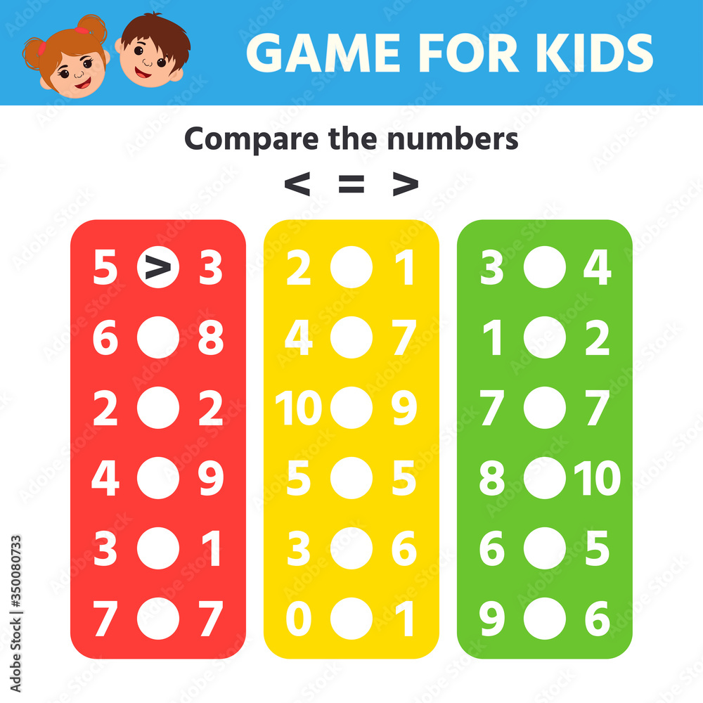 Compare numbers. Put a sign more is less equal. Education math game for ...