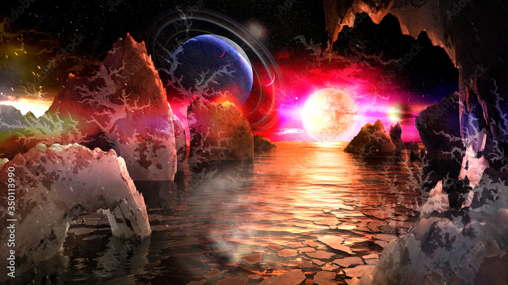 Alien planet landscape with bizarre mountains and many moons and ...