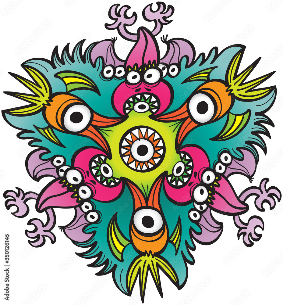 Doodle art in the form of a radial figure formed by crazy odd creatures ...
