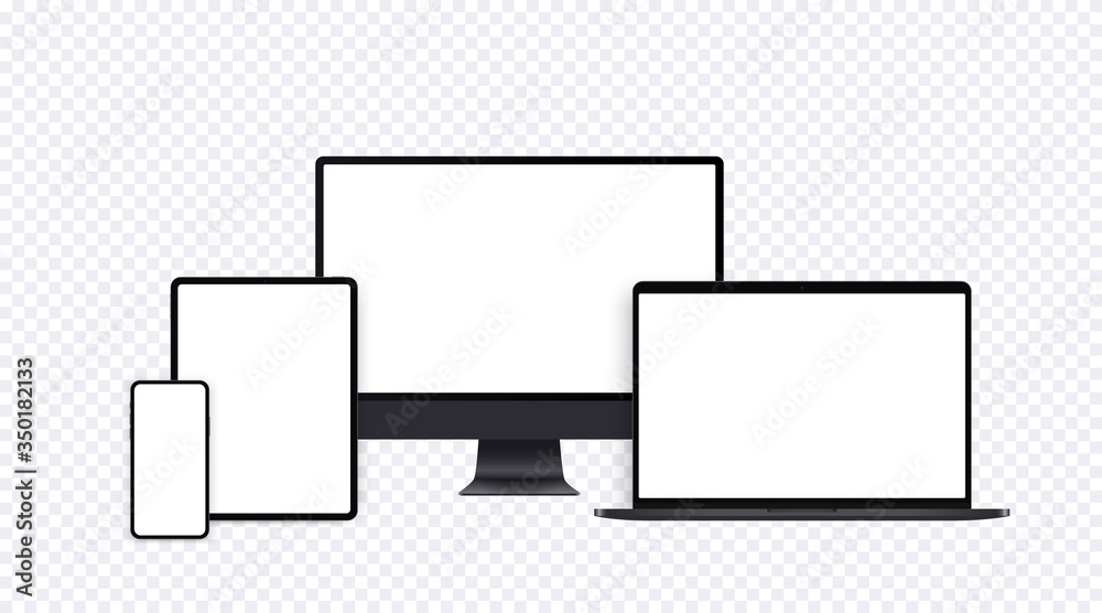 Realistic computer mockup set with desktop, laptop, tablet and ...