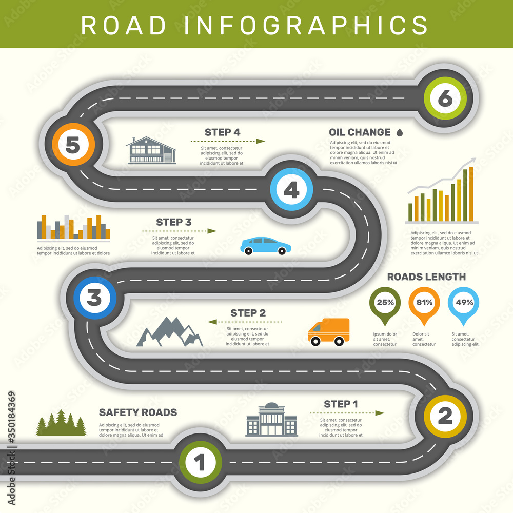 Стоковий вектор Road infographic. Timeline with point map business workflow graphic vector ...