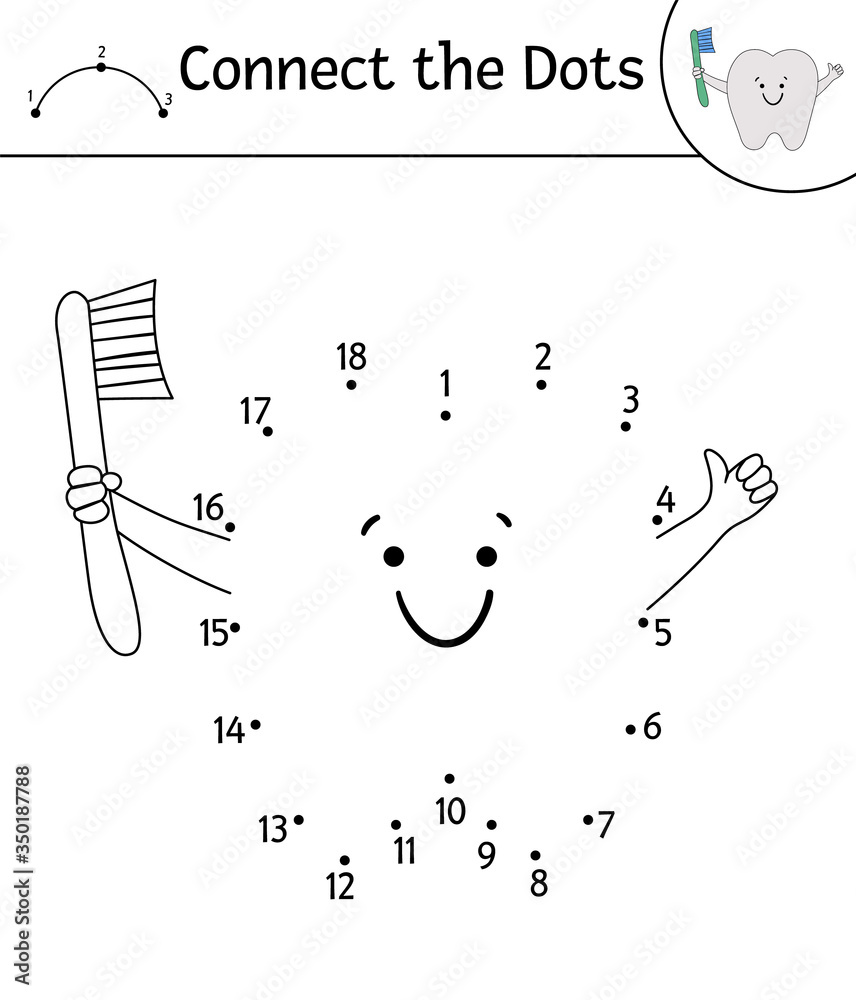 Vector dot-to-dot activity with cute kawaii tooth holding toothbrush ...