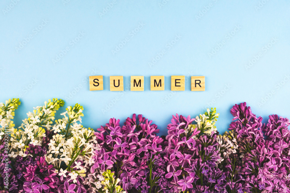 Lilac flower blooming background. Summer wooden lettres text, concept ...