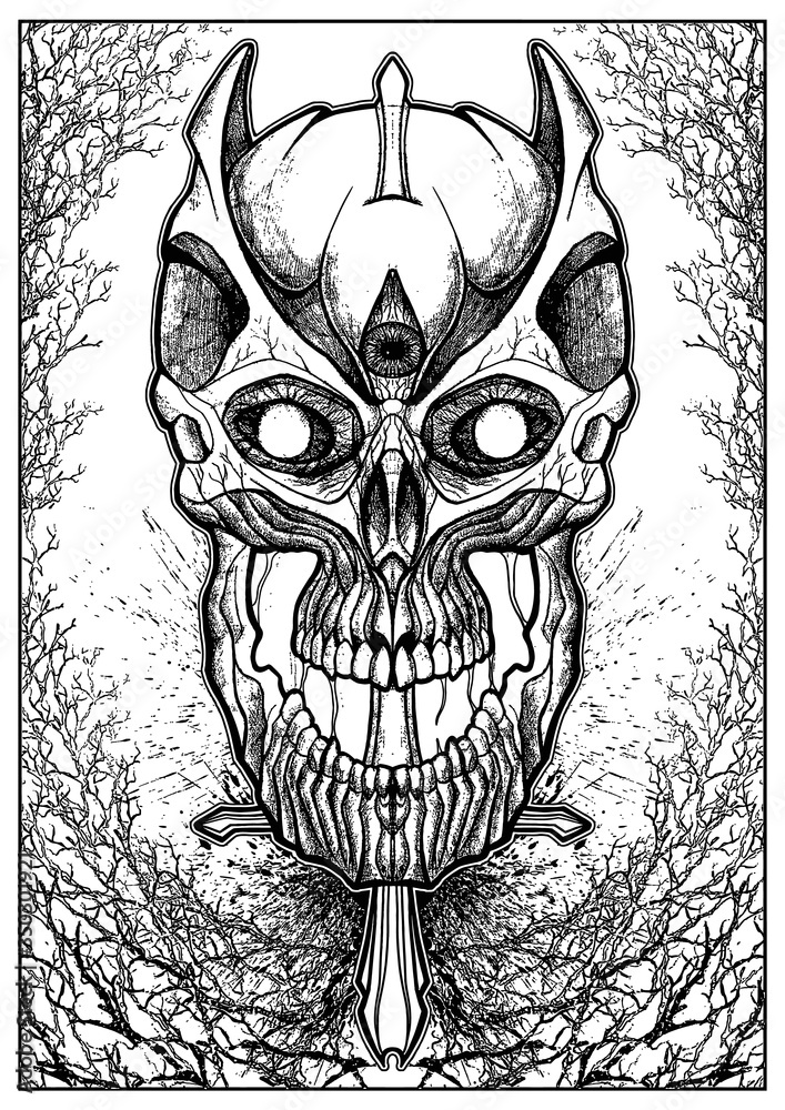Skull of demon or devil, dark, horror head, terrible, with horns ...