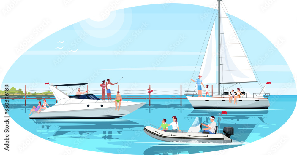 Multicultural group in yacht club semi flat vector illustration. Luxury ...