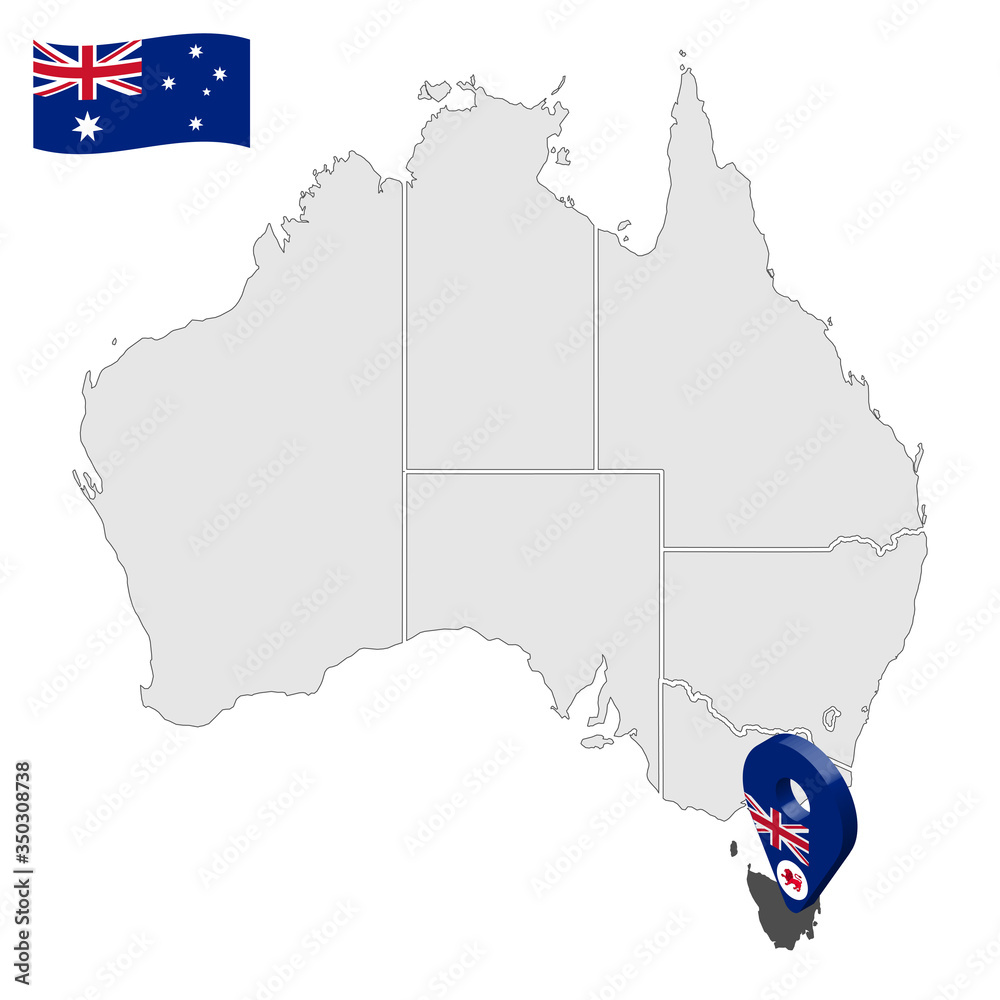 Location of Tasmania on map Australia. 3d Australian Tasmania flag map marker location pin ...